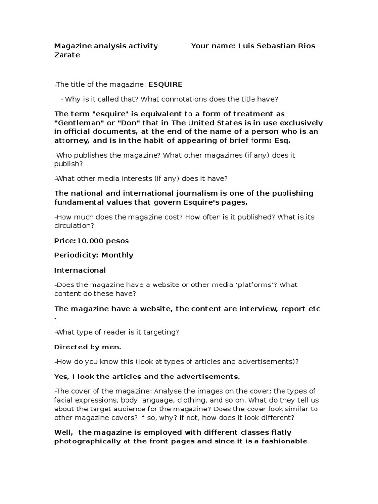 Magazine Analysis Questionnaire | PDF | Magazines | Esquire