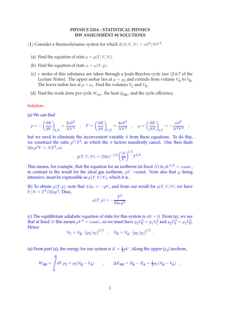 Physics 210A: Statistical Physics HW Assignment #4 Solutions | PDF | Phase (Matter) | Temperature