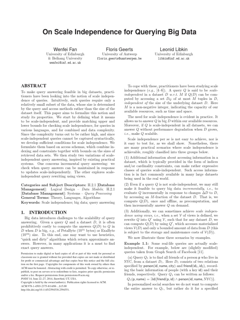 On Scale Independence For Querying Big Data: Wenfei Fan Floris Geerts Leonid Libkin | PDF ...