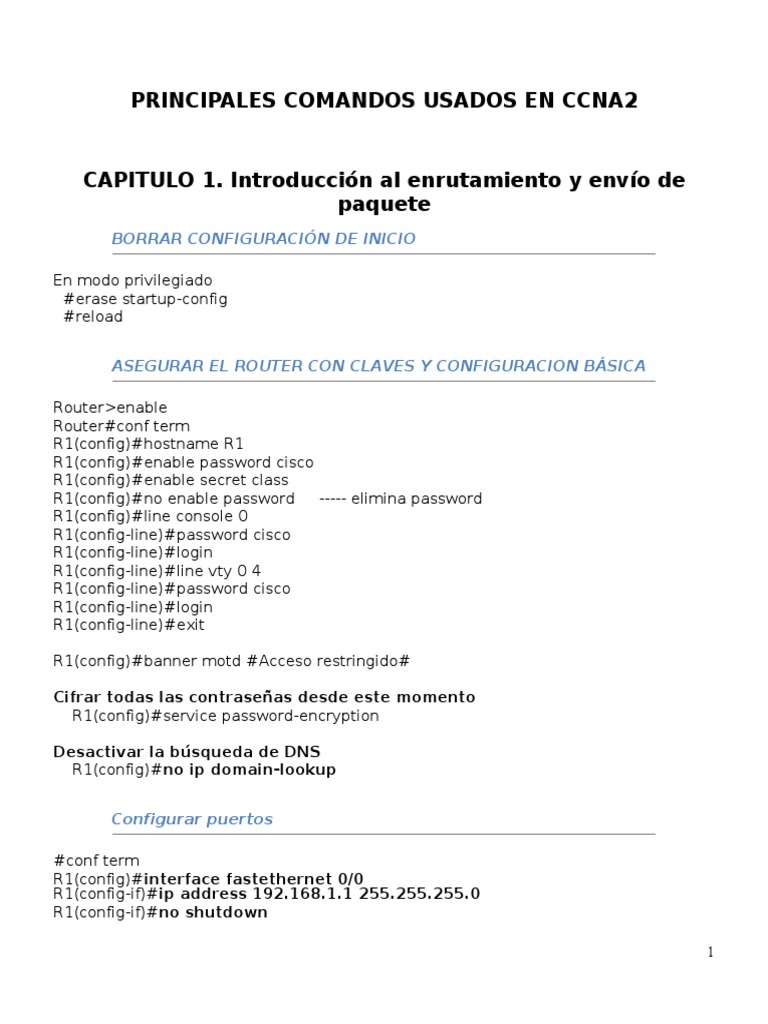 Resumen Comandos CCNA2 Router 1 PDF | PDF | Enrutador (Computación) | Estándares de red