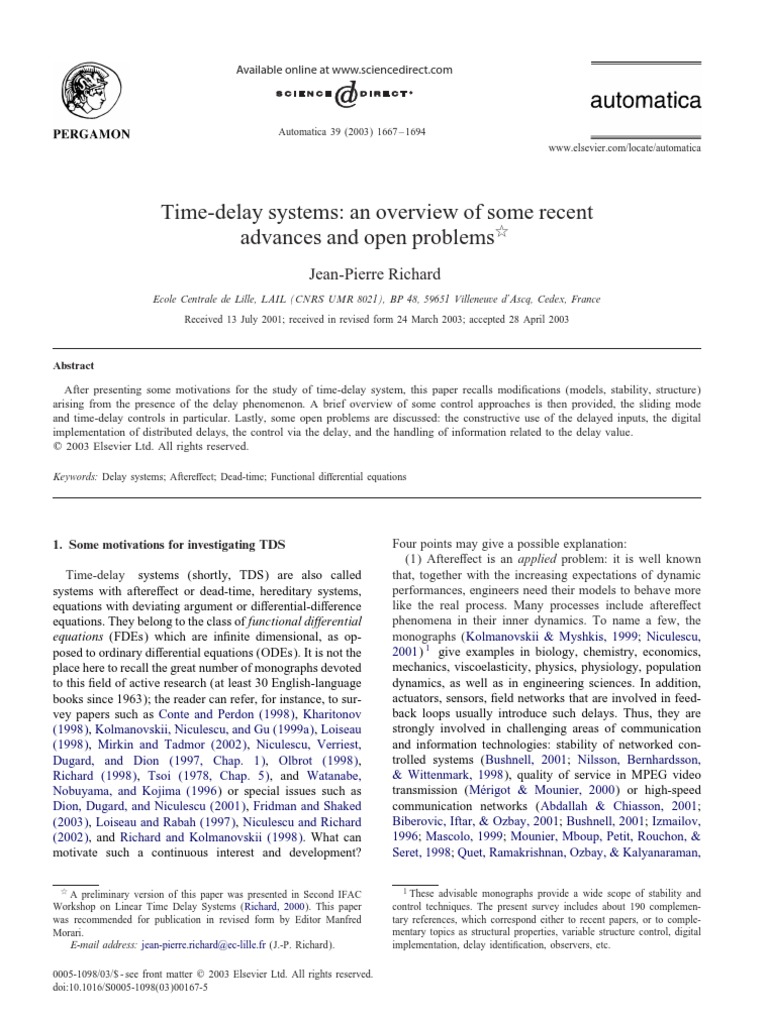 Time-Delay Systems An Overview of Some Recent Advances and Open ...