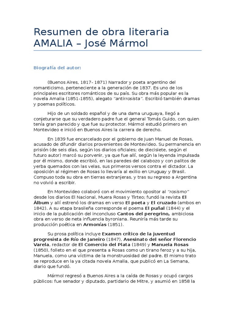 Resumen de Obra Literaria AMALIA - José Mármol | Ficción y literatura