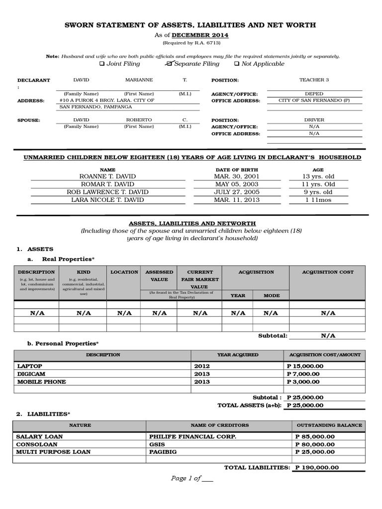 Sworn Statement Of Assets, Liabilities And Net Worth | Economies | Government