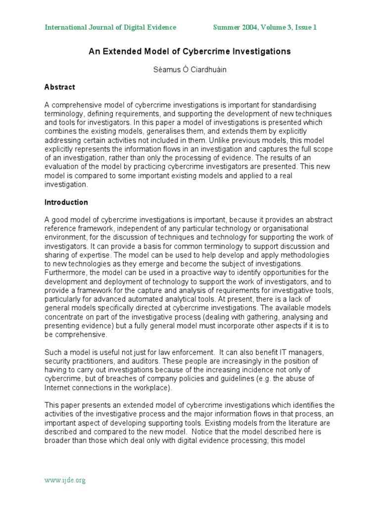 An Extended Model of Cybercrime Investigations | PDF | Crime Scene | Police