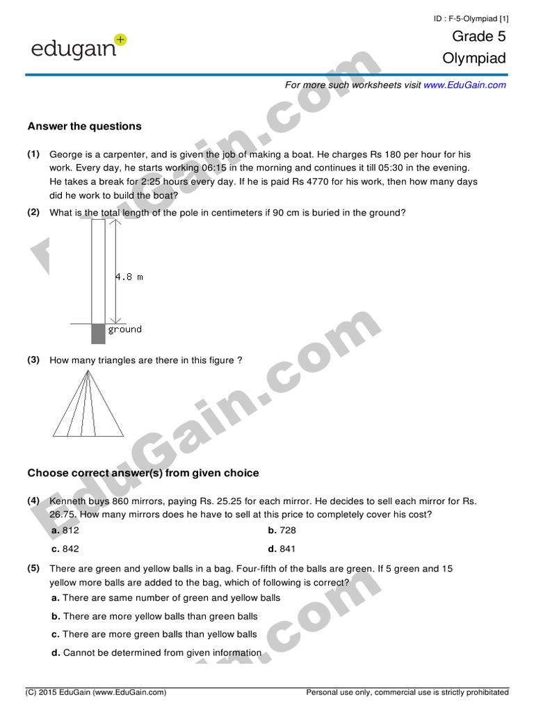 IMO (Math Olympiad) Sample Practice Paper For Class 5 by EduGain | PDF ...