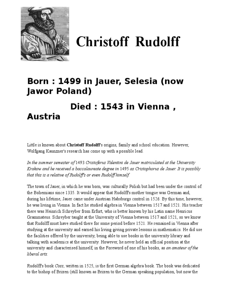 Christoff Rudolff: Born: 1499 in Jauer, Selesia (Now Jawor Poland) Died ...