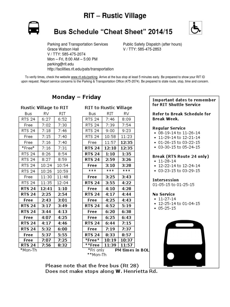 RIT - Rustic Village Bus Schedule "Cheat Sheet" 2014/15: Monday ...