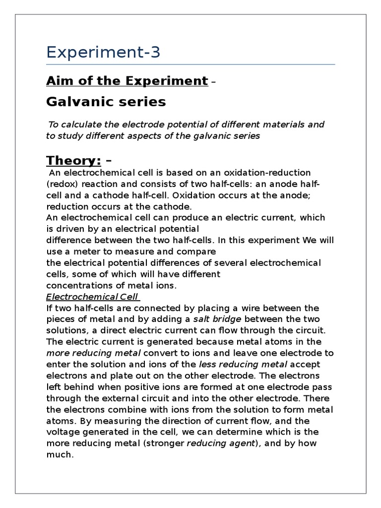 Experiment-3: Galvanic Series | PDF | Electrochemistry | Redox