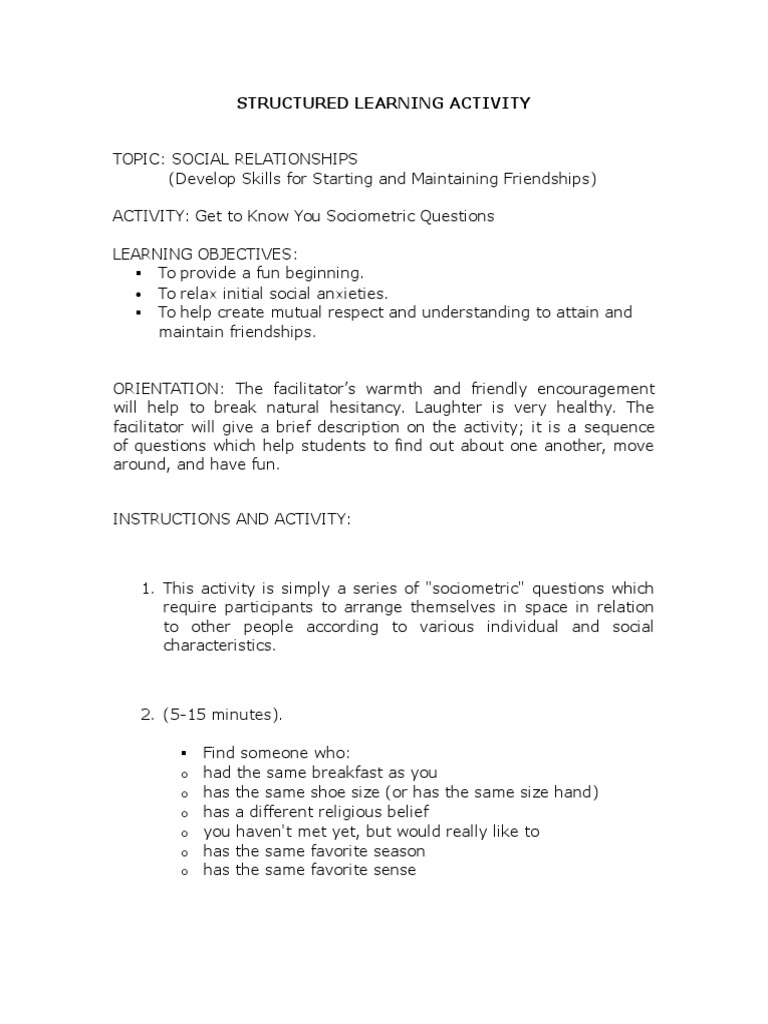 Structured Learning Experience | PDF | Friendship | Facilitator