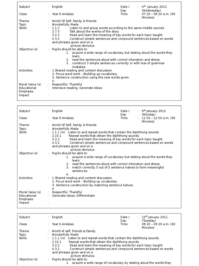 The Correct Writing of a Lesson Plan Year 6 RPH | English Language | Word