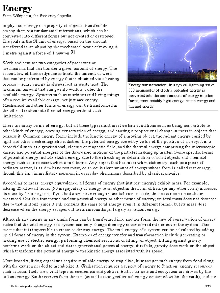 Energy - Wikipedia, The Free Encyclopedia | PDF | Mass | Heat