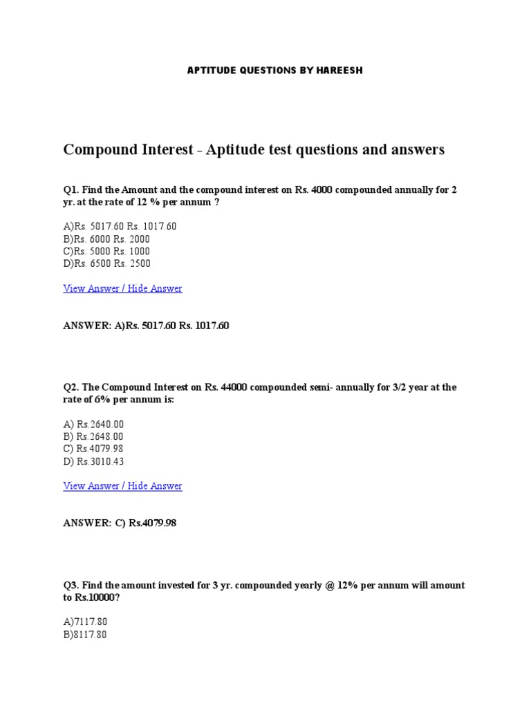 Compound Interest - Aptitude test questions and answers