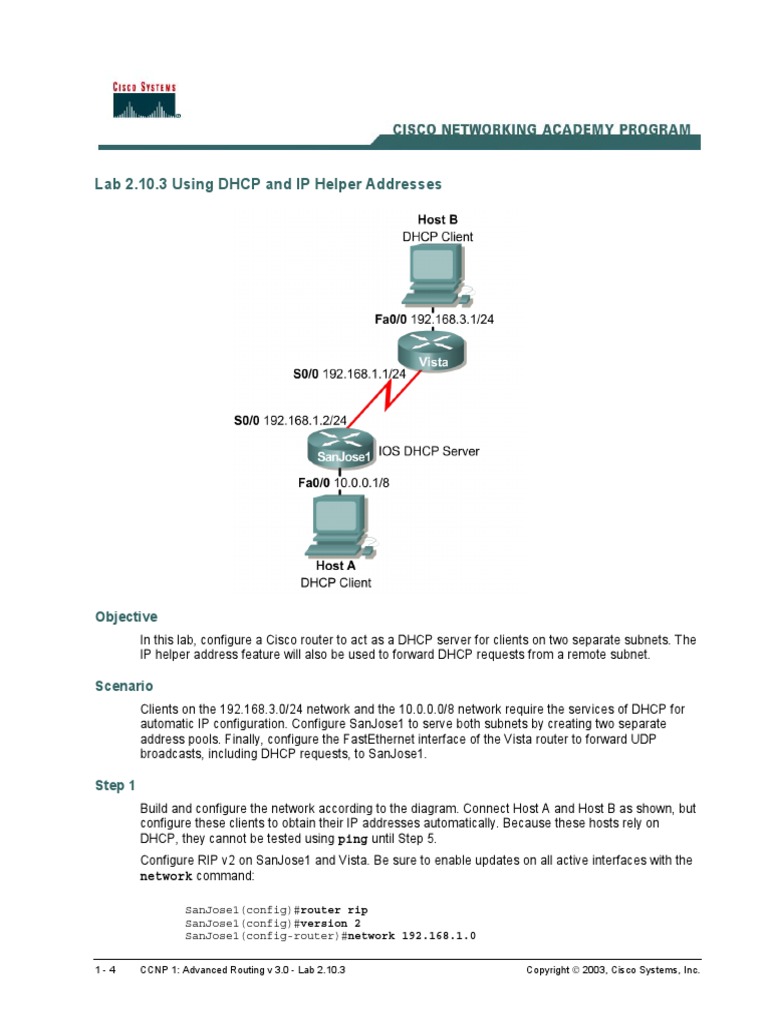 Lab 2.10.3 Using DHCP and IP Helper Addresses: Objective | PDF | Gateway (Telecommunications ...