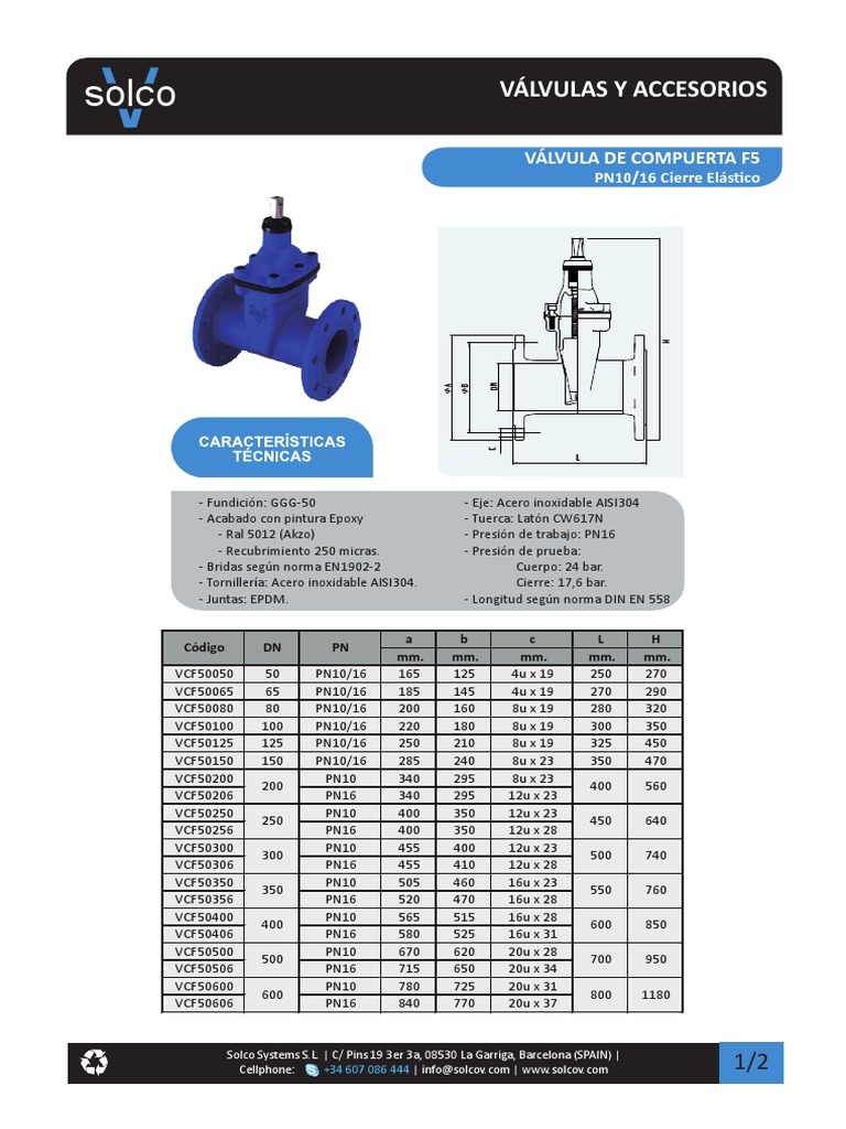 Ficha Tecnica Valvula de Compuerta F5 | PDF