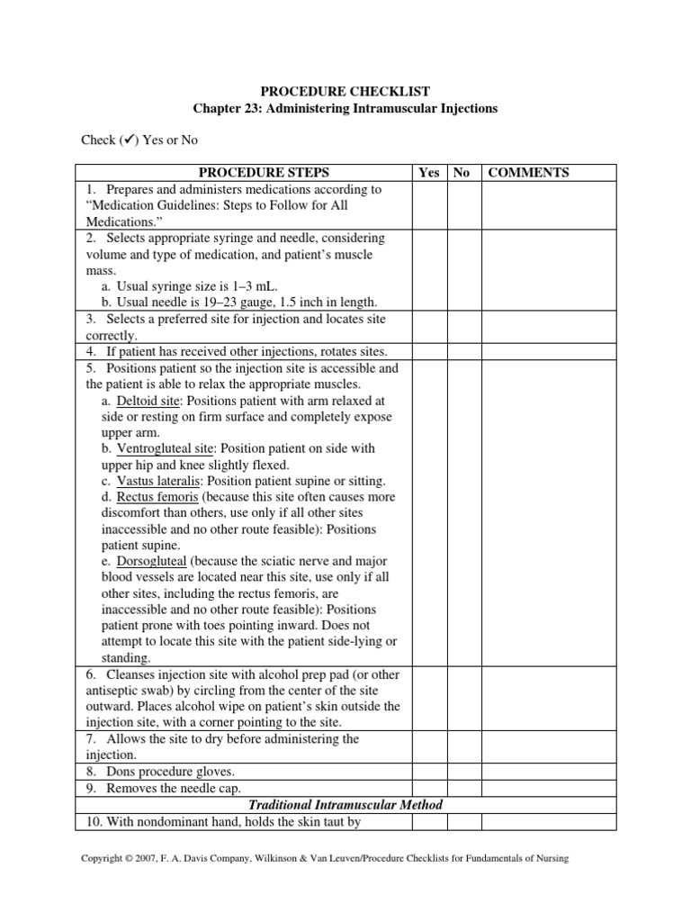 Procedure Checklist Chapter 23: Administering Intramuscular Injections ...