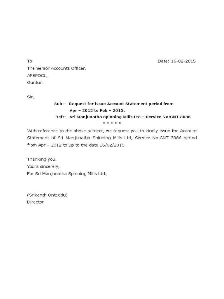 Account Statement Request Letter From APSPDCL | PDF