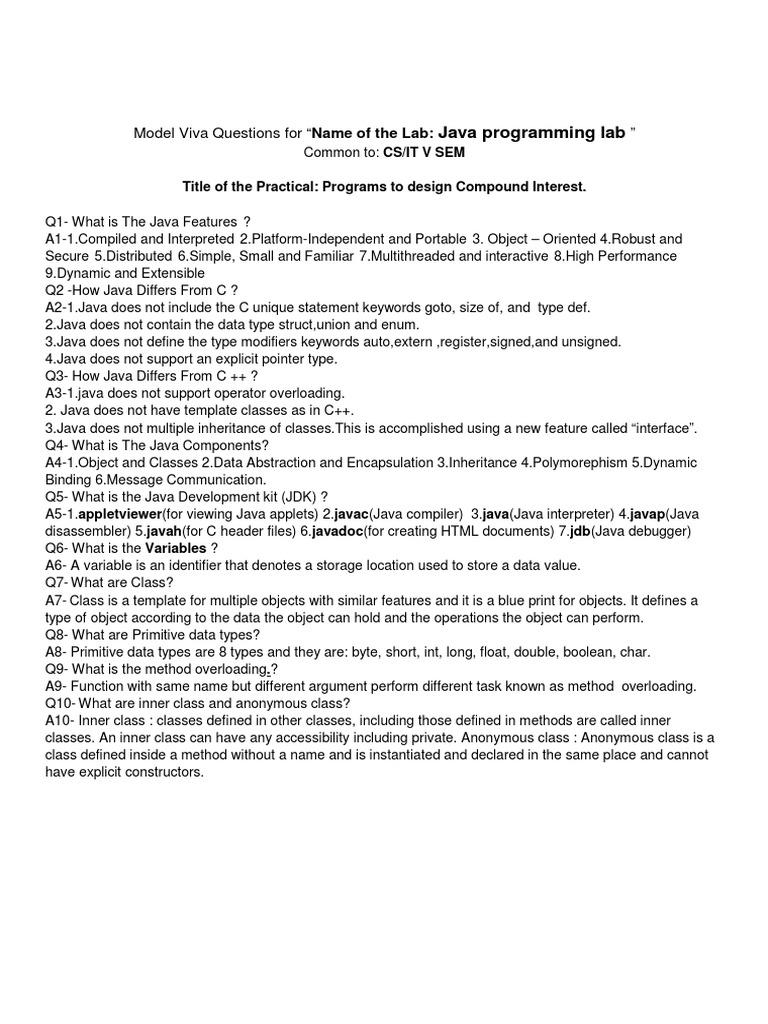 Model Viva Questions For Name Of The Lab Pdf Java Programming Language Parameter