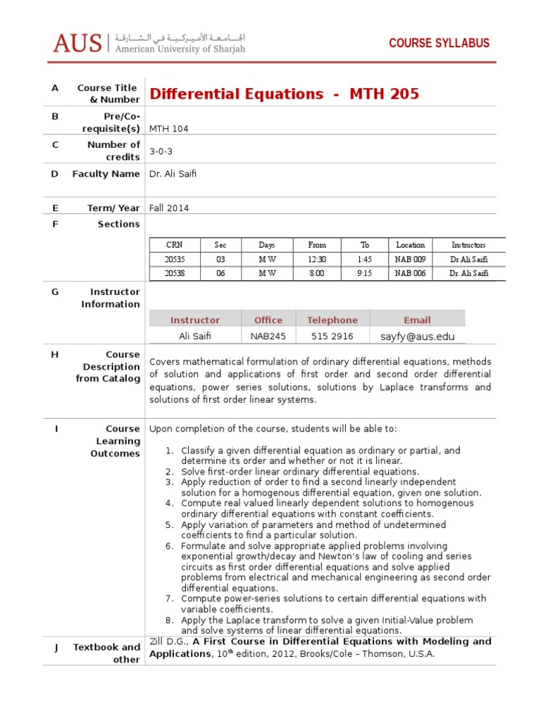 MTH 205 Spring 2015 Syllabus | PDF | Differential Equations | Ordinary ...