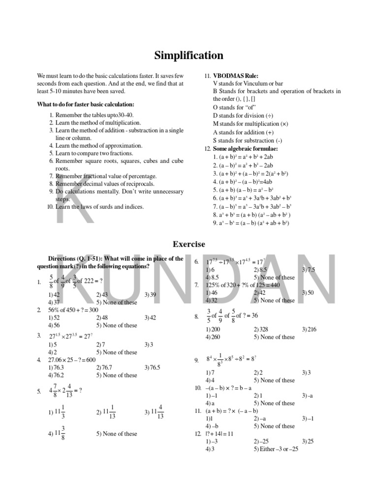 K Kundan: Simplification | PDF | Division (Mathematics) | Subtraction