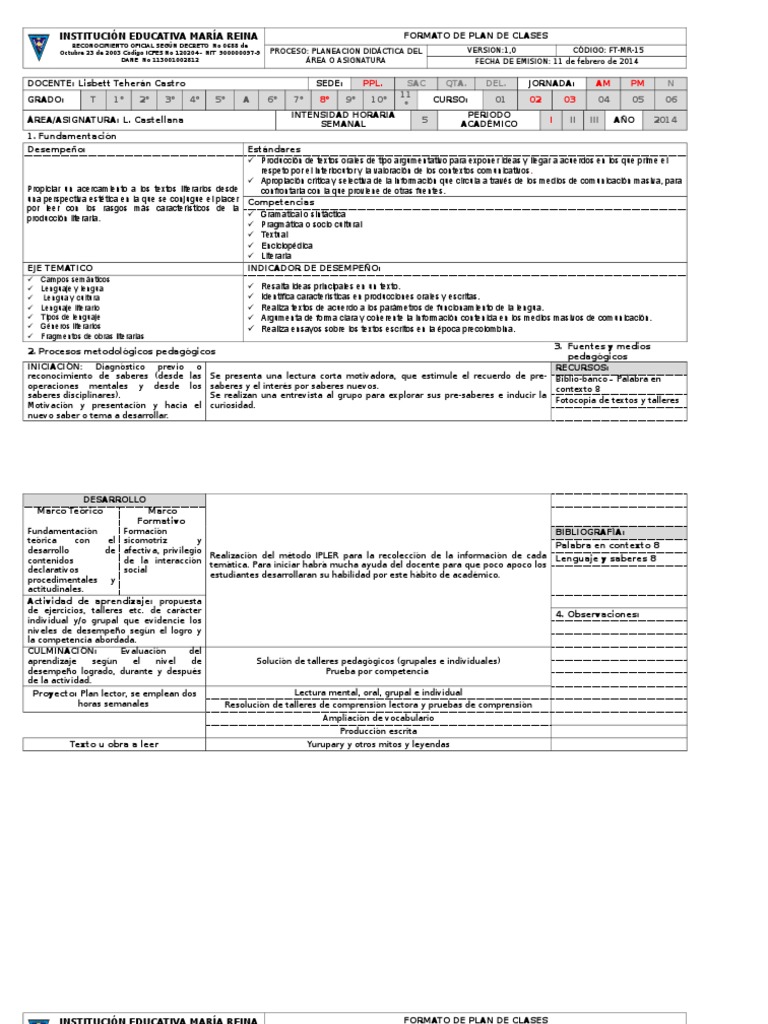 PLAN DE CLASES- lengua castellana | Lectura (proceso) | Aprendizaje