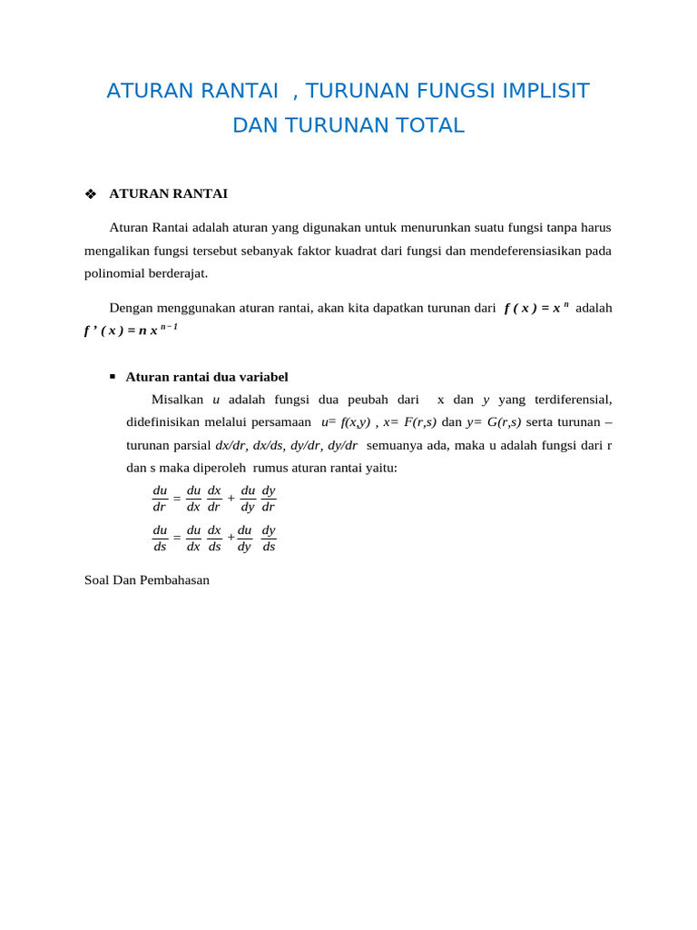 Aturan Rantai, Turunan Fungsi Implisit Dan Turunan Total | PDF