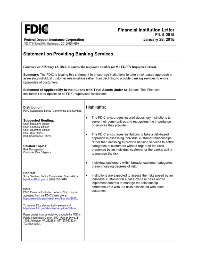 2015 FDIC Letter FIL-5-2015 Providing Banking Services | Federal ...