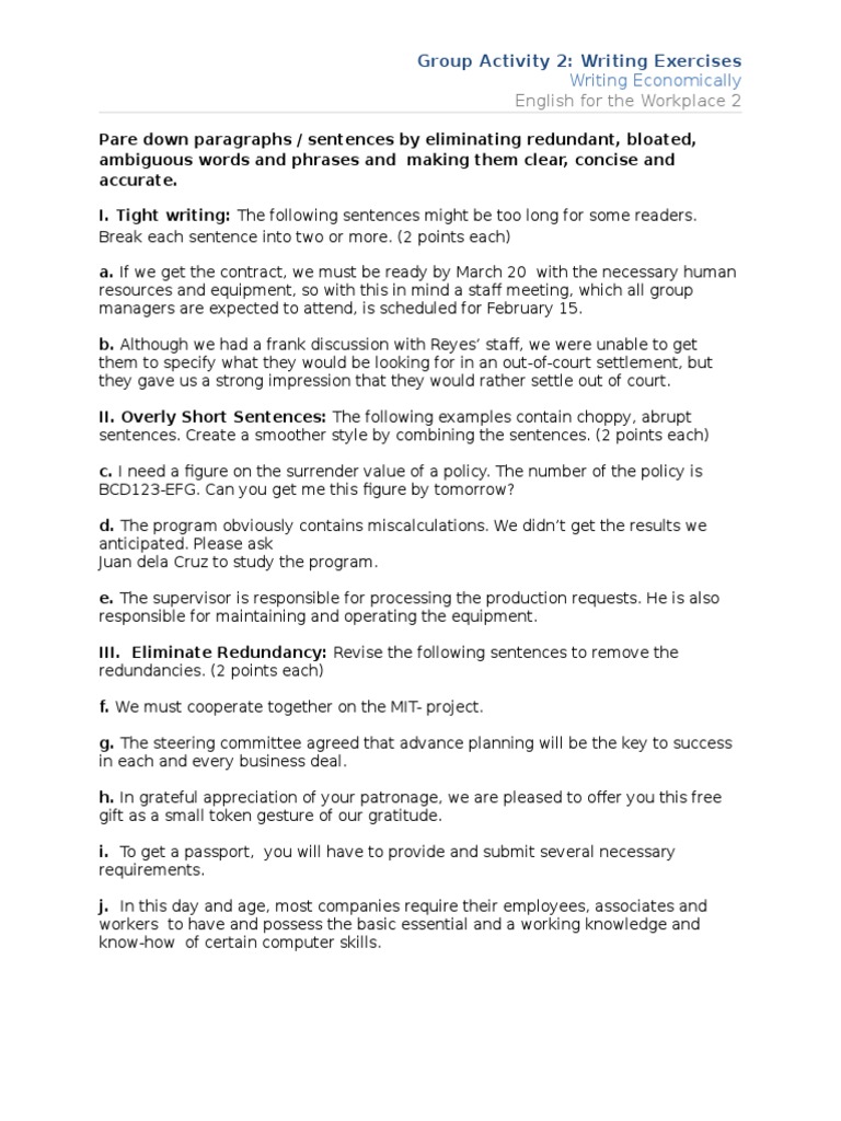 Group Activity 2: Writing Exercises: English For The Workplace 2 | PDF