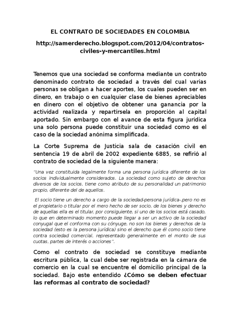 El Contrato de Sociedades en Colombia | PDF | Sociedad de responsabilidad limitada | Información ...