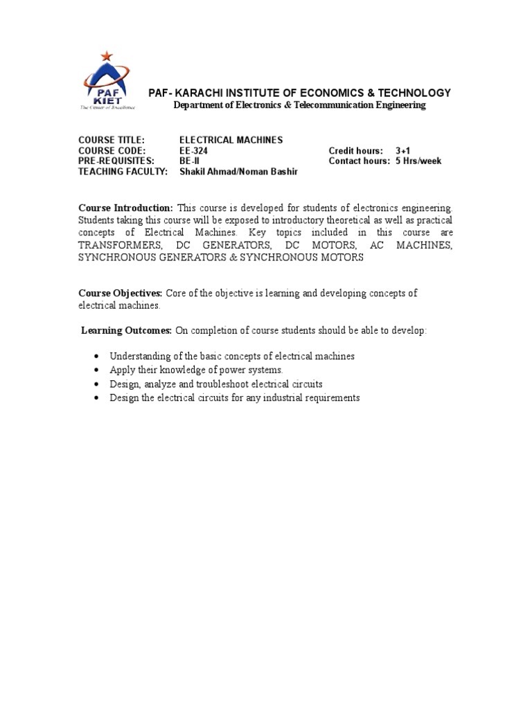 Electrical Machine Course Outline | PDF | Electric Motor | Transformer