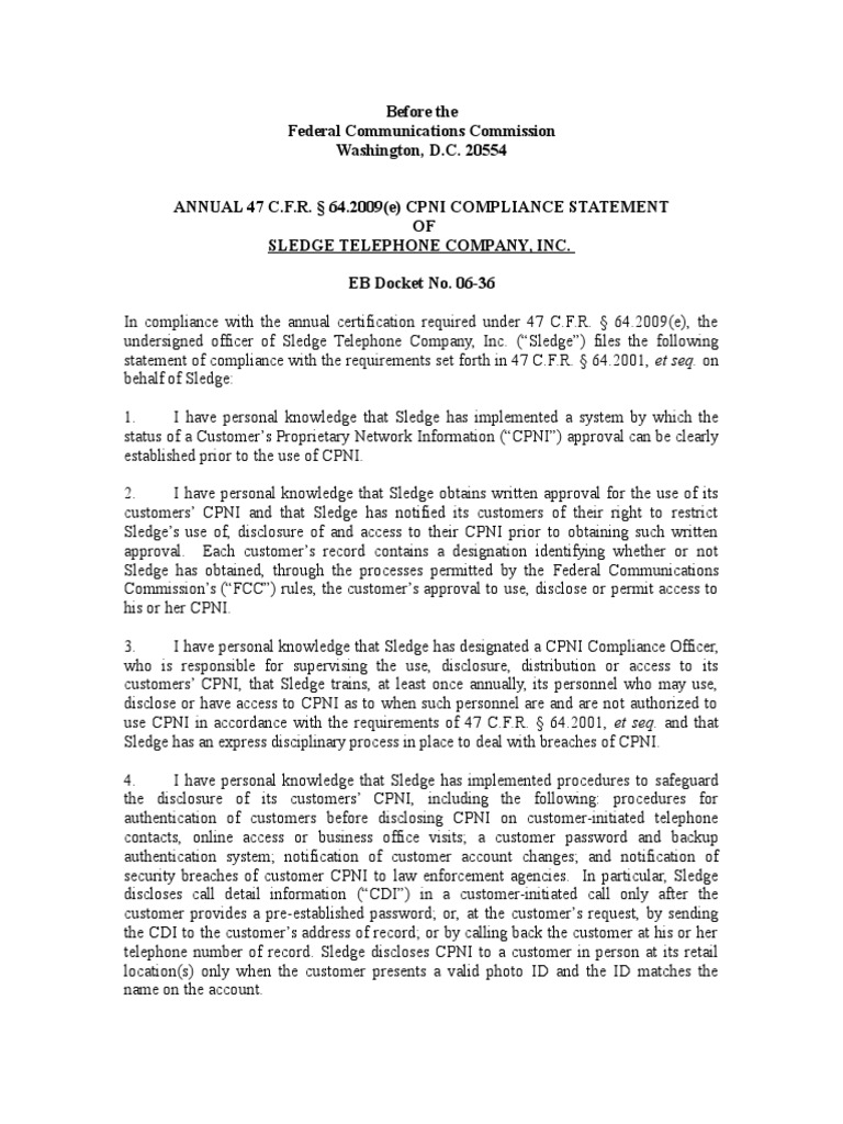 CPNI Cert Accompanying STMT 2015 SL | PDF | Federal Communications ...