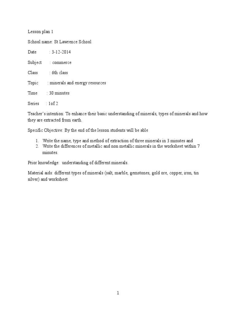 Minerals and Energy Resources Lesson Plan | PDF | Mining | Ore