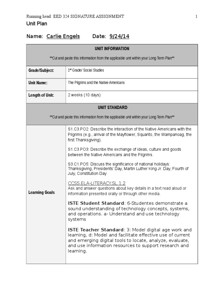 Pilgrims and Native Americans Unit Plan | PDF | Pilgrim Fathers ...