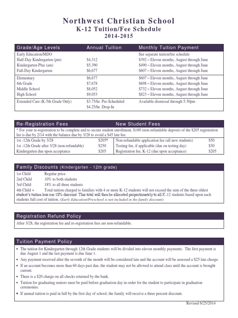 2014 2015 K 12 Tuition Schedule | PDF | Tuition Payments | Middle Schools
