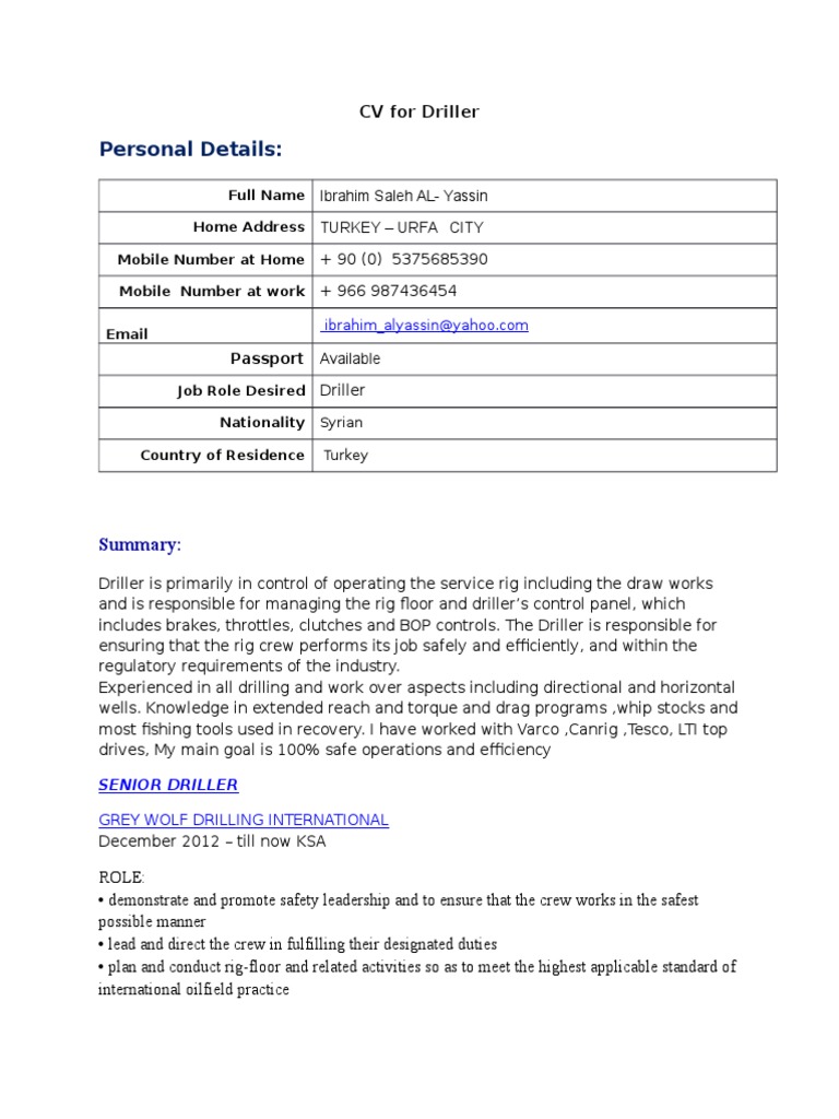 CV Driller | PDF | Drilling Rig | Drill