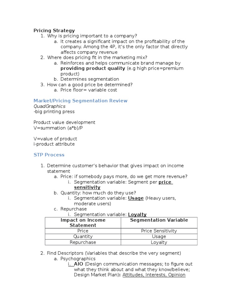 Pricing Strategy Notes | PDF | Market Segmentation | Pricing