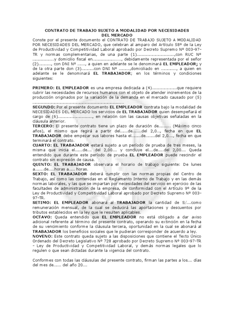 CONTRATO DE TRABAJO SUJETO A MODALIDAD POR NECESIDADES DE MERCADO.doc | Derecho laboral ...