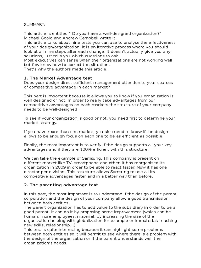 Organizational Design Tests | PDF | Competitive Advantage | Strategic ...