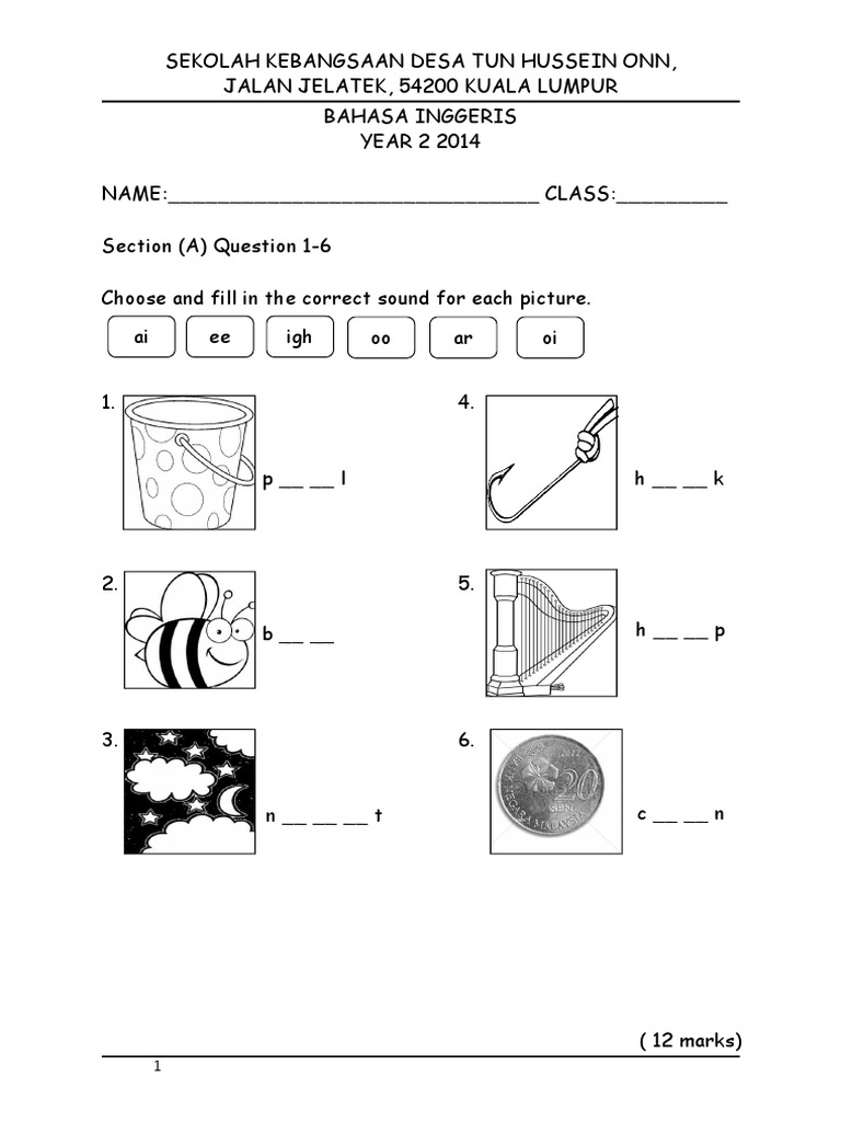 Year 2 English Practice Worksheet on Phonics, Grammar, Vocabulary and ...