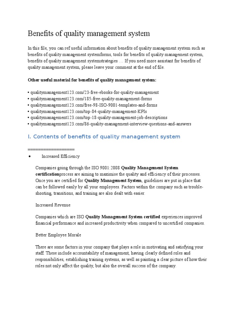 Benefits of Quality Management System | PDF