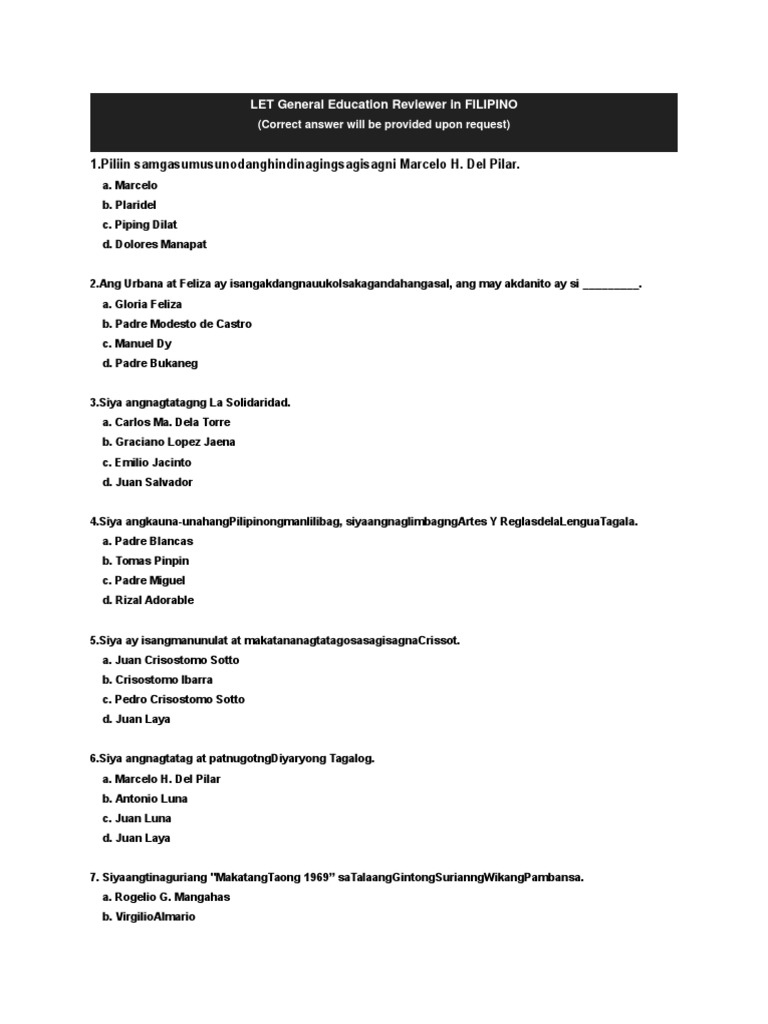 Filipino LET Reviewer with Answers | PDF | General Fiction
