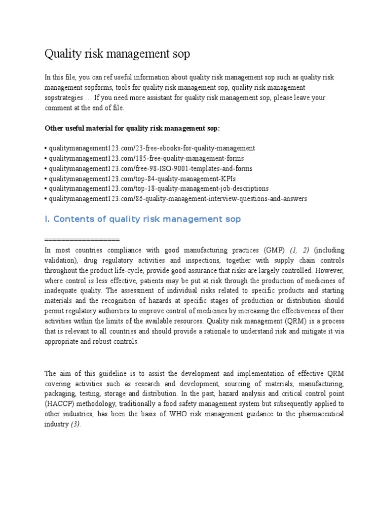 Quality Risk Management SOP Guide | PDF | Scatter Plot | Production And ...