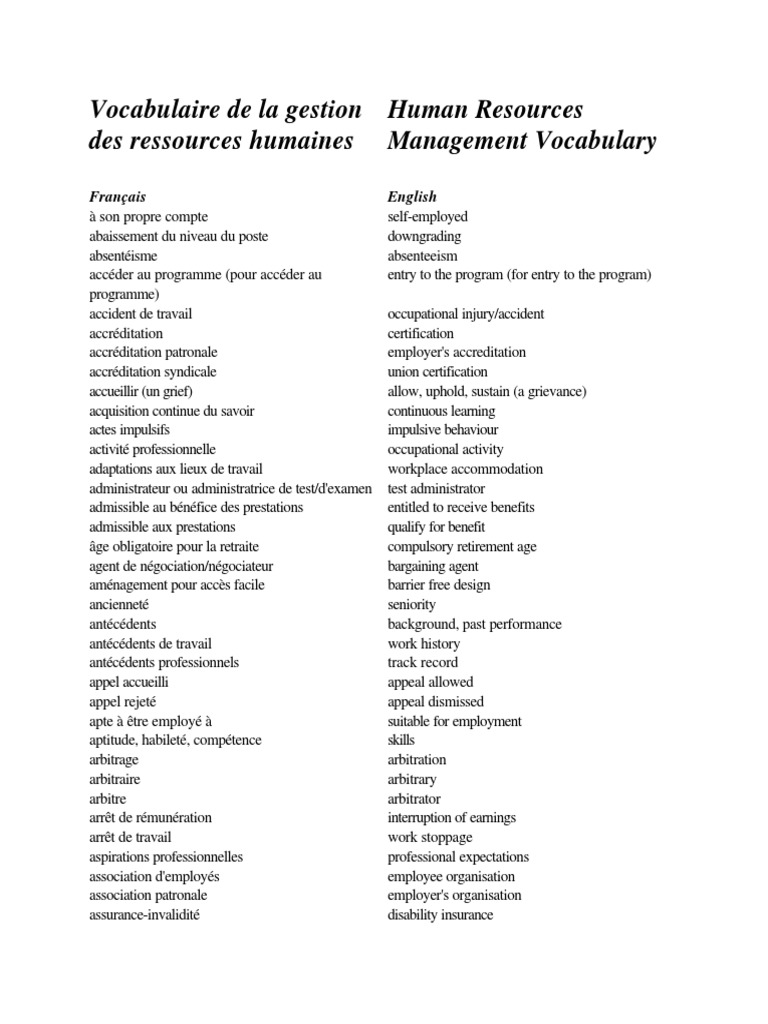 Lexique Ressources Humaines | PDF