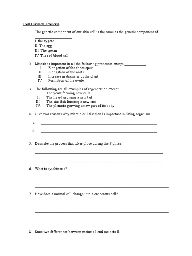 Cell Division Exercise | PDF | Meiosis | Mitosis