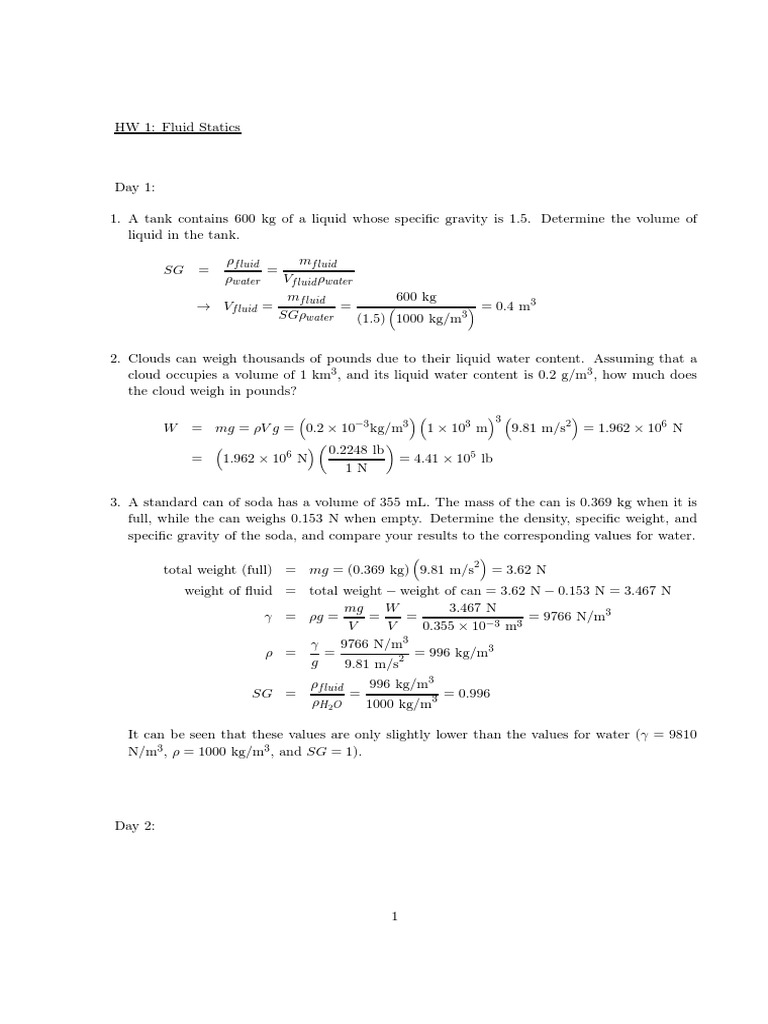 Fluids HW Solution | PDF | Pressure Measurement | Pressure