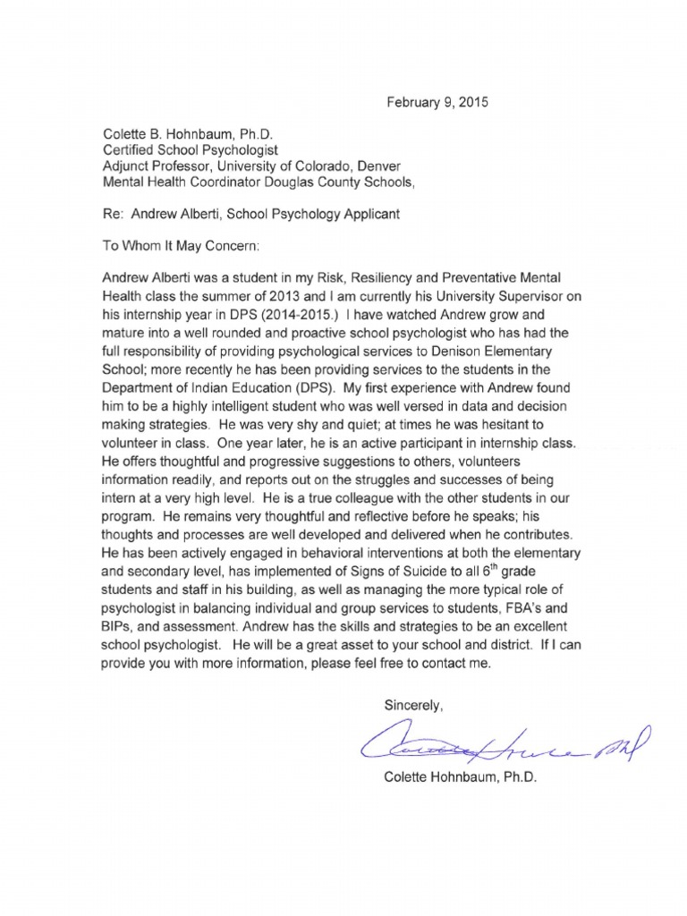 Letter of Rec - Colette Hohnbaum, PH D | PDF