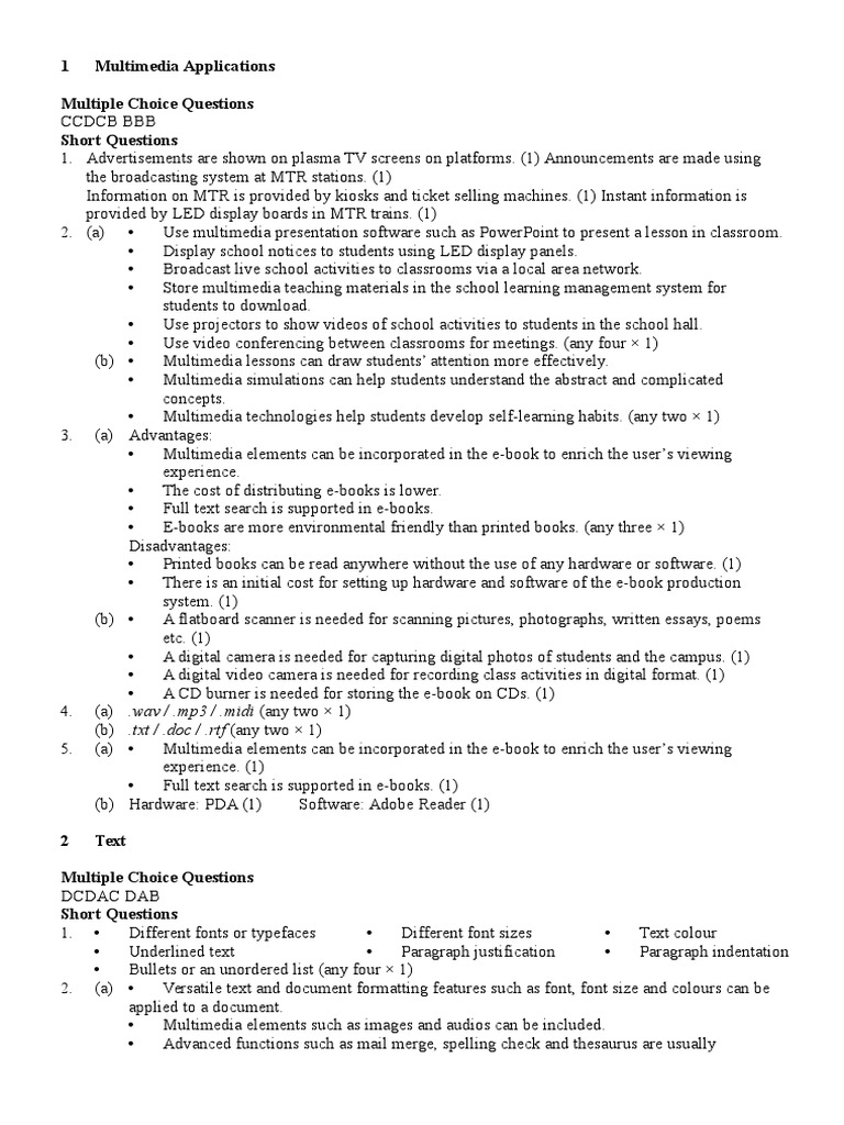 1 Multimedia Applications Multiple Choice Questions Short Questions ...