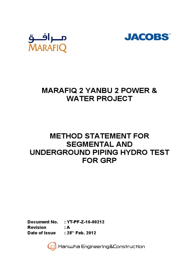 Hydrotest Method Statement 12th Mar 2012 1 Pdf Hydropower Pipe