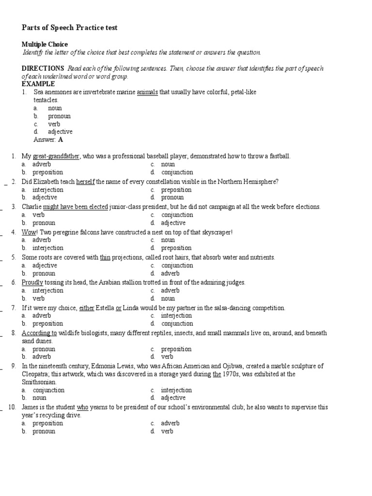 Parts of Speech Practice Test | PDF | Language Arts & Discipline
