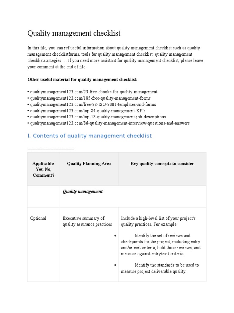 Quality Management Checklist | PDF | Scatter Plot | Production And ...