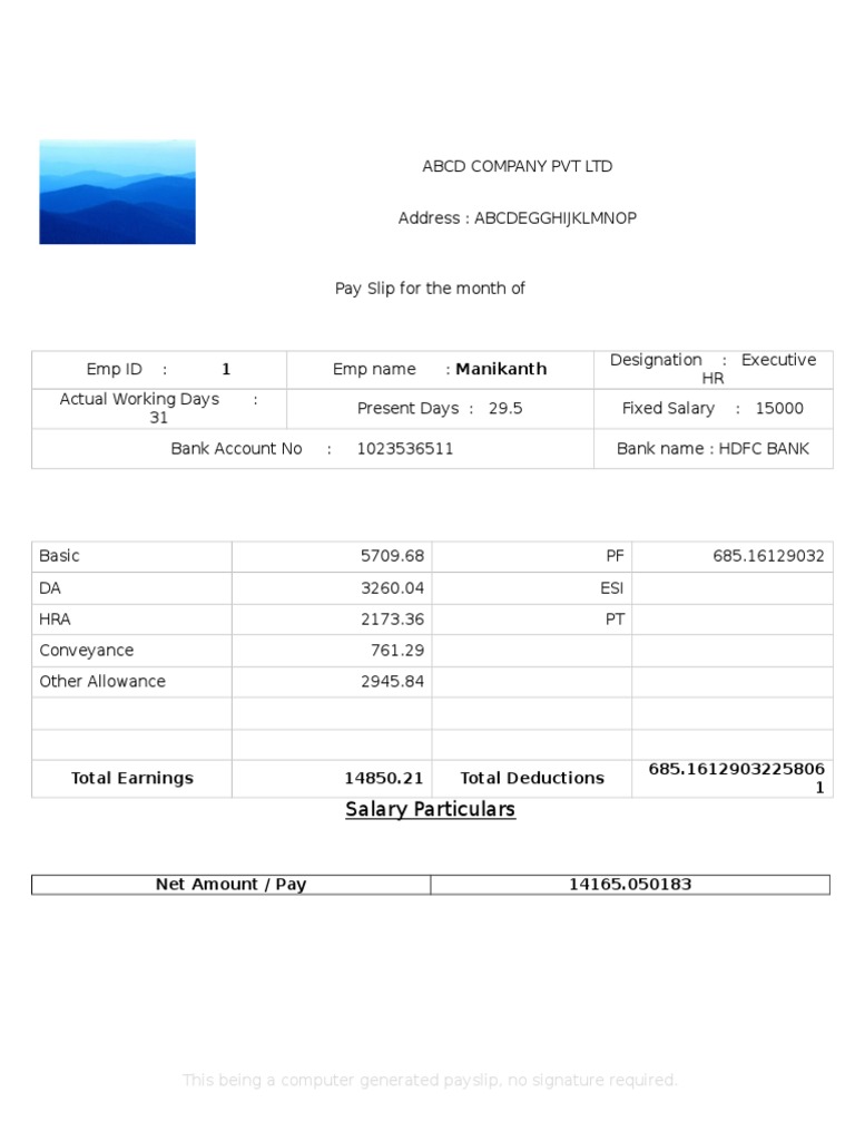 Monthly Pay Slip for Manikanth | PDF | Finance & Money Management